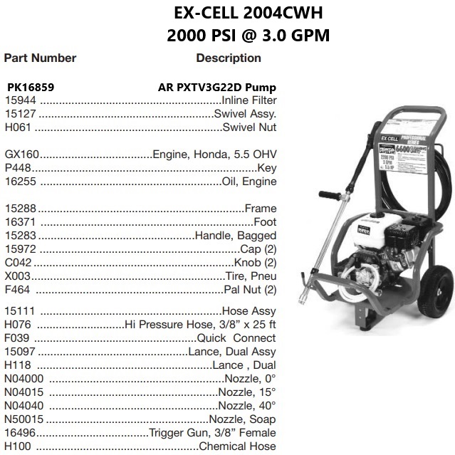 Excell pressure washer 2203CWH-P parts breakdown owners manual
