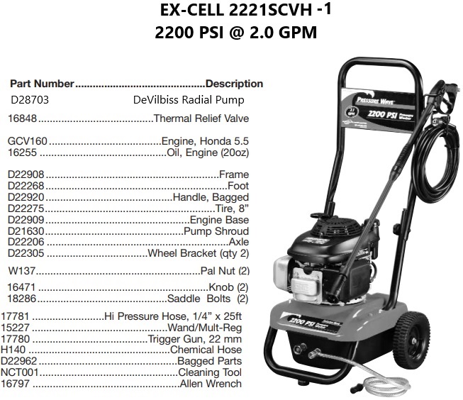Excell pressure washer 2221SCVH-1 parts breakdown owners manual