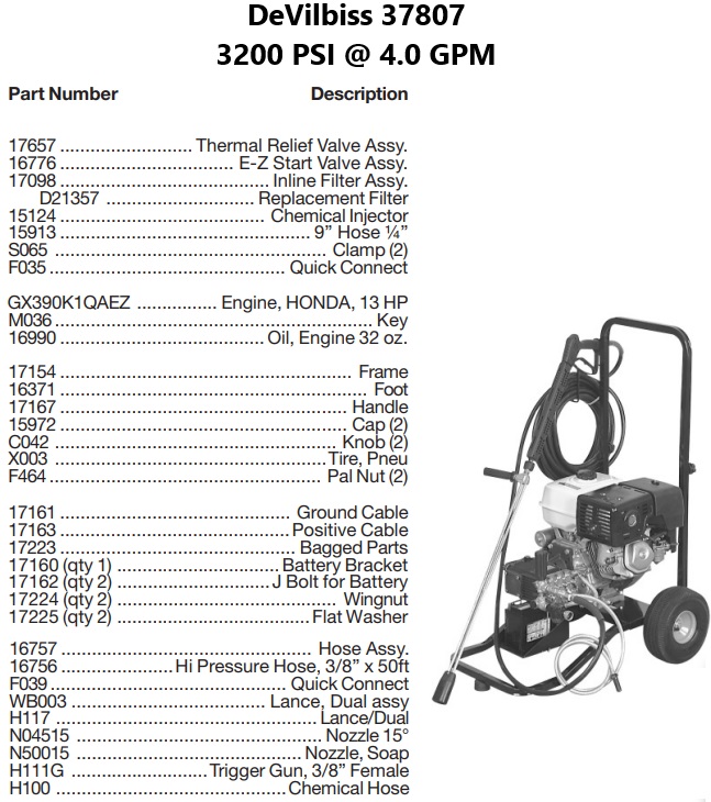 Devilbiss Excell pressure washer 37807 parts breakdown owners manual