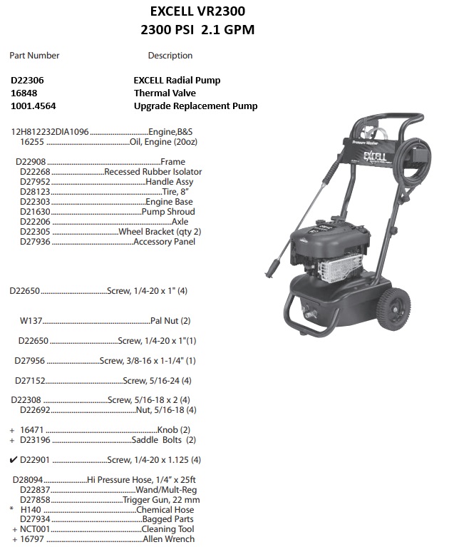 Excell pressure Washer model VR2300 replacement Parts,repair kits ...