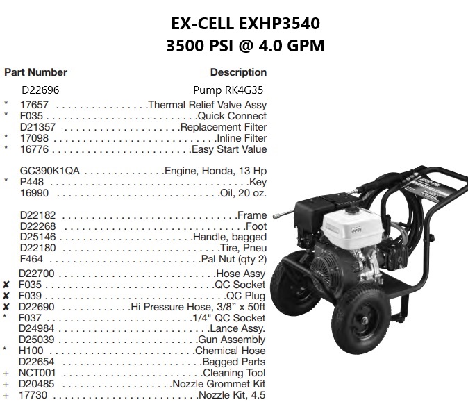 Devilbiss Excell pressure washer EXHP3540 parts breakdown owners manual