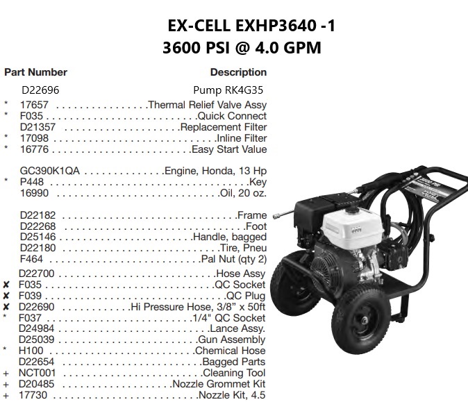 Devilbiss Excell pressure washer EXHP3640-1 parts breakdown owners manual