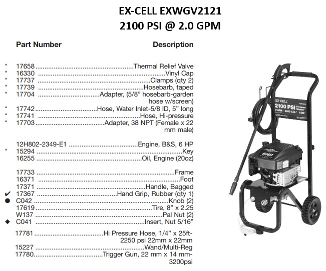 Devilbiss Excell pressure washer EXWGV2121 parts breakdown owners manual